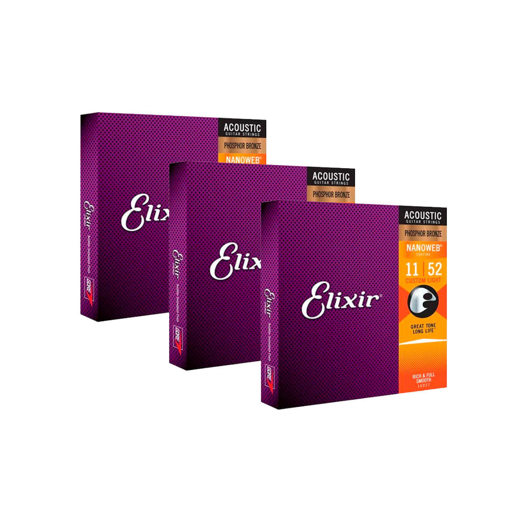 Pack 3un. Corda Elixir Nanoweb 011 Custom Light Phosphor Bronze para ...